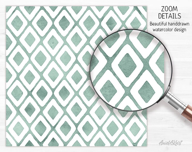 Muted Green Geometric Pattern Watercolor Seamless Digital Paper Pack ...