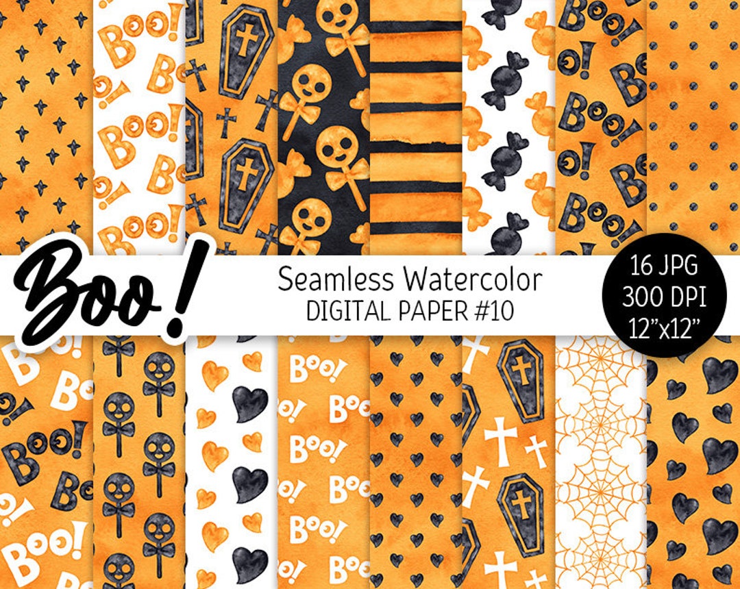 Orange Black Halloween Digital Paper Pack Watercolor Seamless Pattern ...