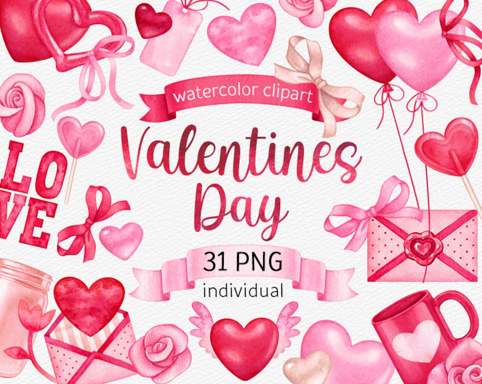 Watercolor Valentine's Day Clipart Valentine PNG Red Love | Etsy