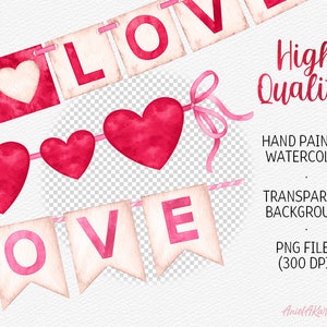 Watercolor Valentine's Day Clipart Handpainted Romantic Bunting Tag PNG ...