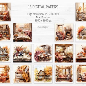 Fall Cottage Digital Paper Pack Watercolor Printable Scrapbooking Paper ...