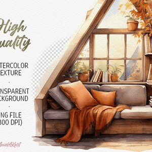 Watercolor Autumn Nook Clipart Bundle Cozy Reading Corner PNG Bookshelf ...
