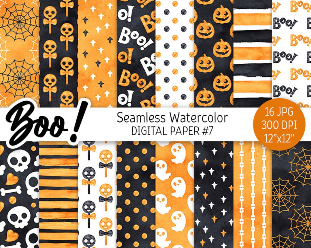 Orange Black Halloween Digital Paper Pack Watercolor Seamless Pattern ...