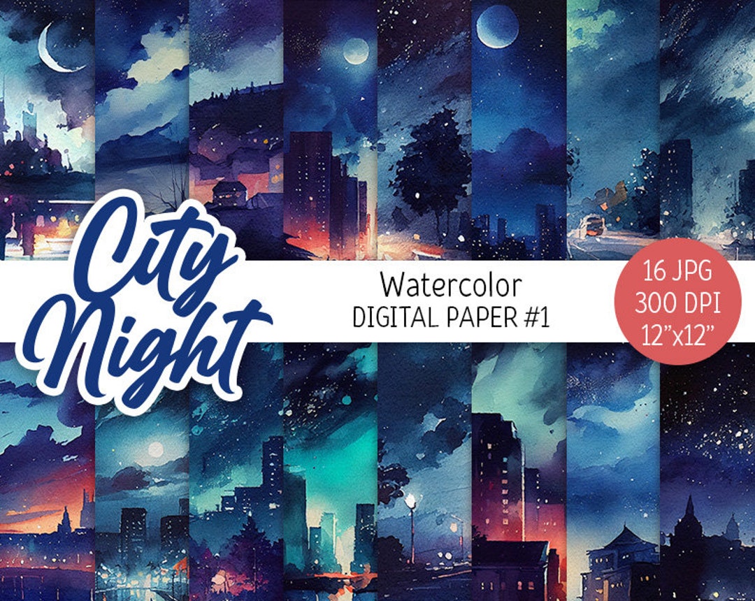 City Night Digital Paper Pack Watercolor Galaxy Moon Printable ...