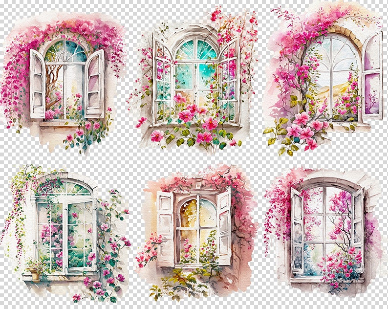 Watercolor Spring Window Clipart Flower Window PNG - Etsy