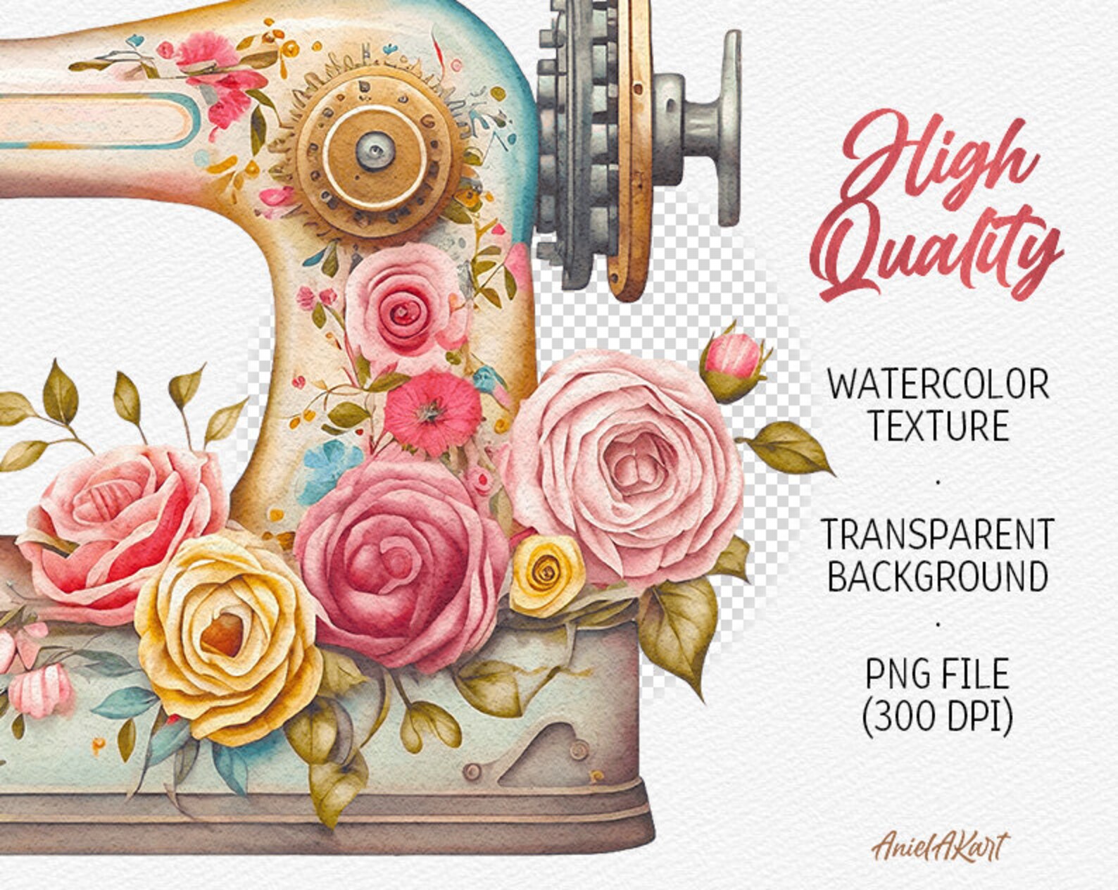 Watercolor Sewing Machine Clipart Vintage Floral Sewing Machine PNG ...