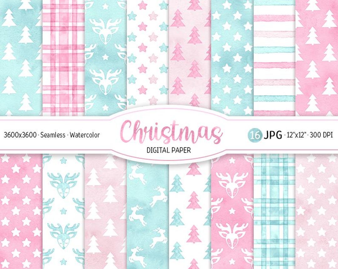 Mint & Pink Christmas Digital Paper Pack Watercolor Christmas Tree ...