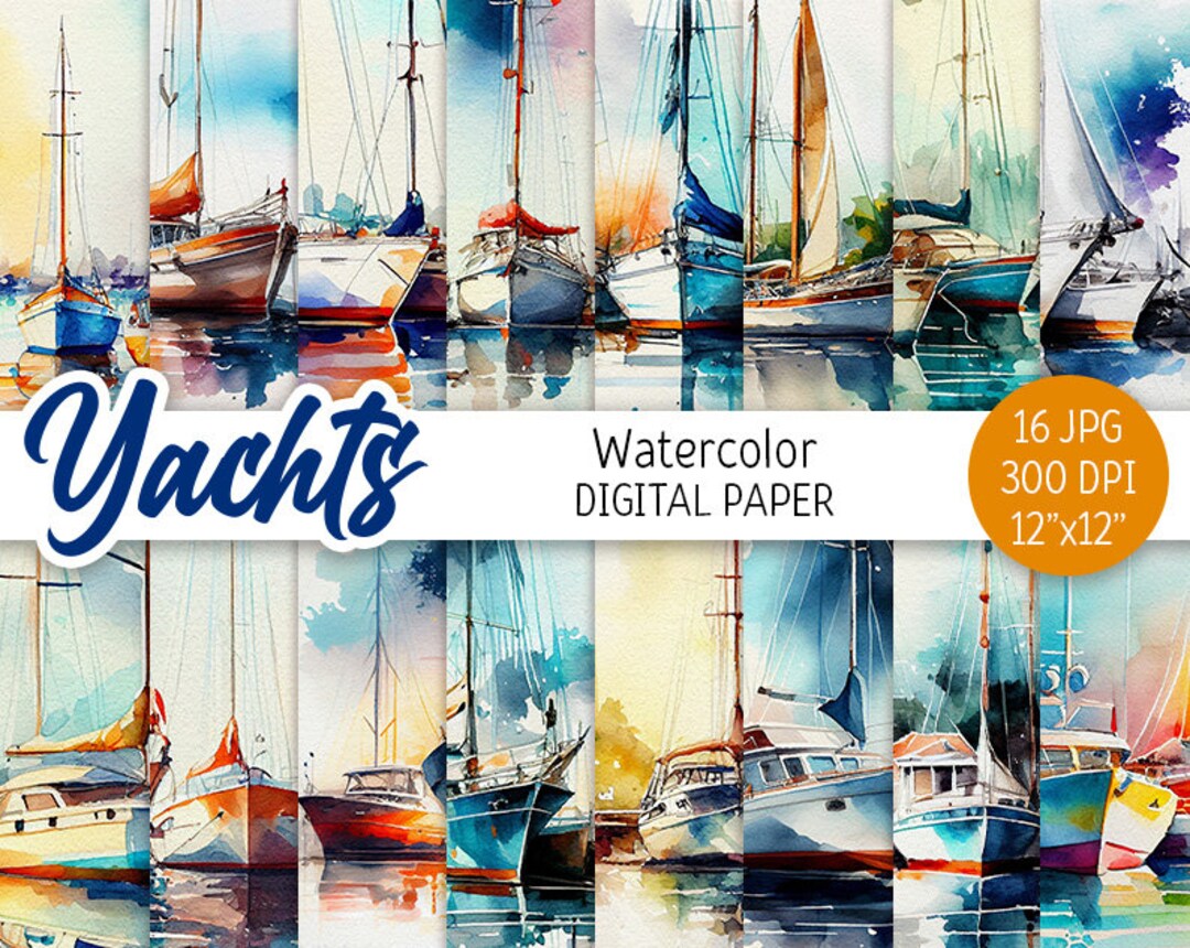 Watercolor Yachts Digital Paper Pack Seascape Printable Scrapbooking ...