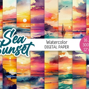 Watercolor Sea Sunset Digital Paper Pack Beach Sunset Printable ...