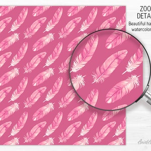 Pink Feather Watercolor Digital Paper Pack Exotic Boho Seamless Pattern ...