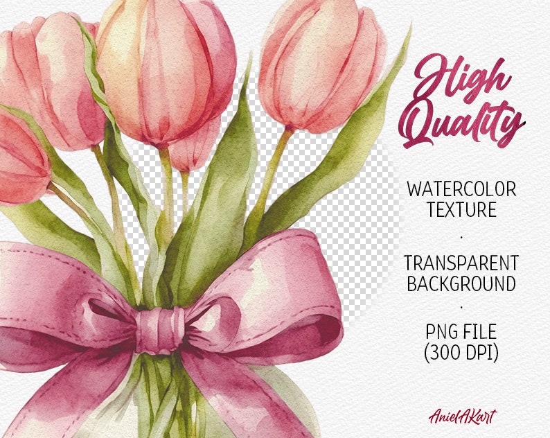 Pink Tulip Clipart, Watercolor Flowers Clipart, Scrapbooking Clipart ...