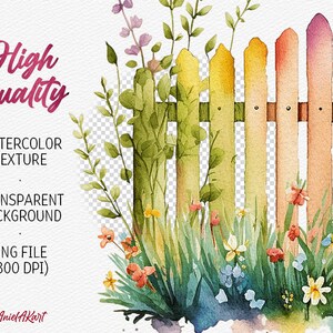 Watercolor Garden Fence Clipart Spring Floral PNG Scrapbooking Clipart ...