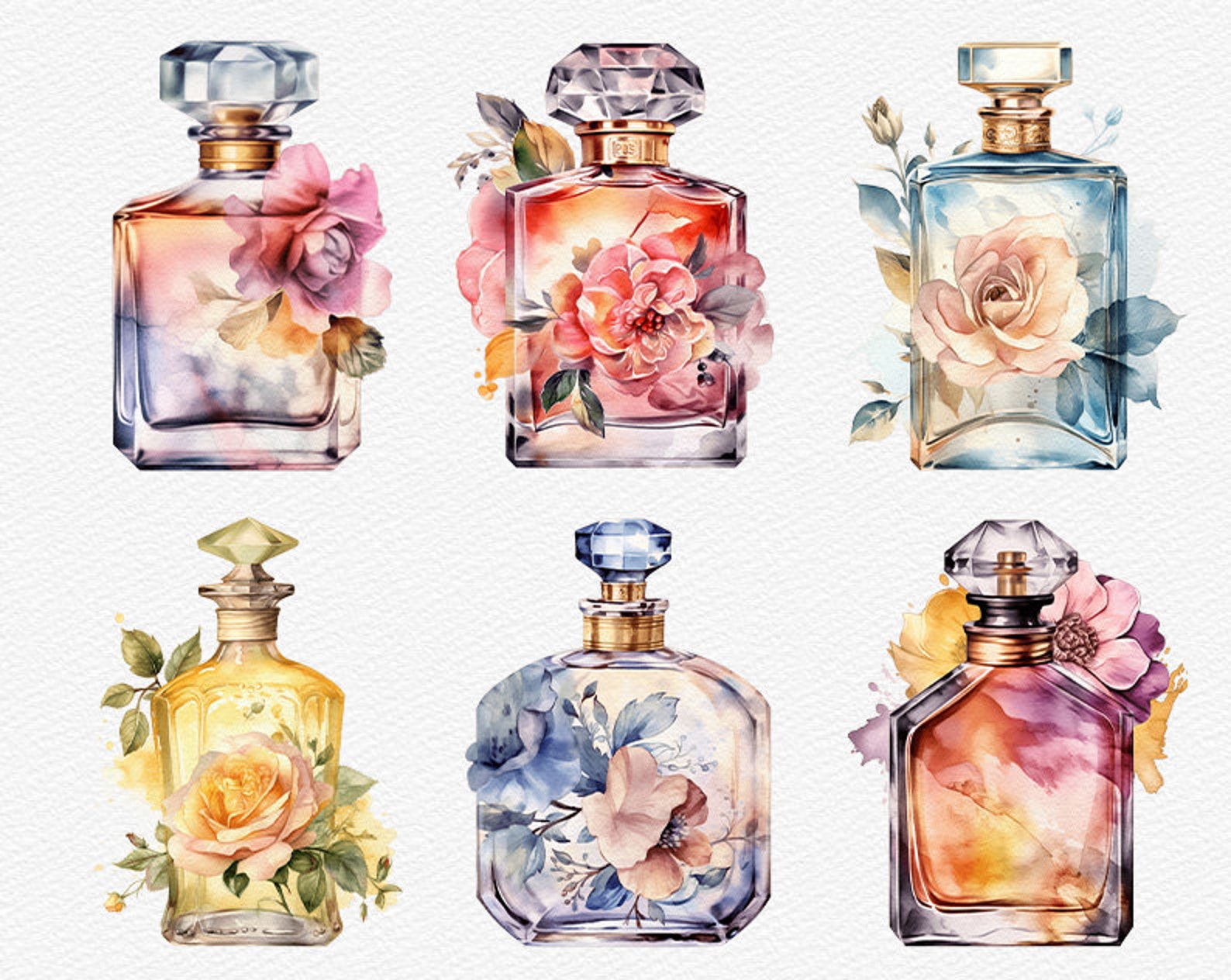 Watercolor Floral Perfume Bottles Clipart Flower Perfume PNG Bundle ...