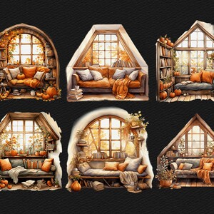 Watercolor Autumn Nook Clipart Bundle Cozy Reading Corner PNG Bookshelf ...
