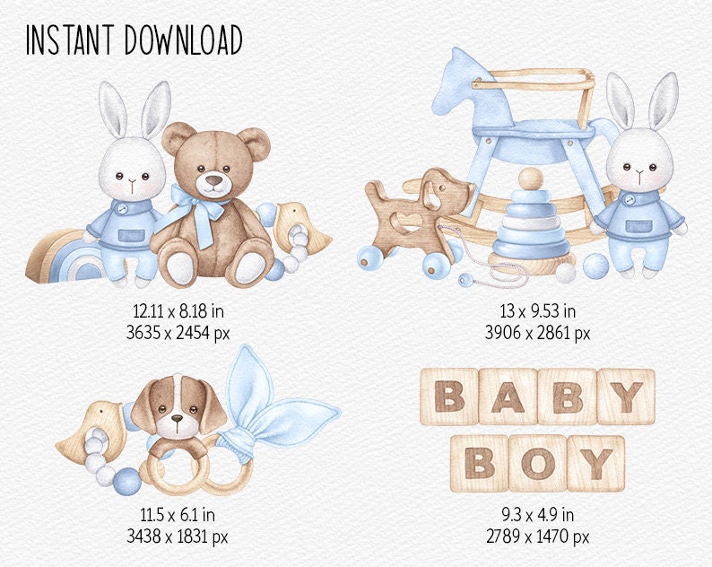 Baby Boy Watercolor Clipart Boho Nursery PNG Blue Baby Shower Clipart ...