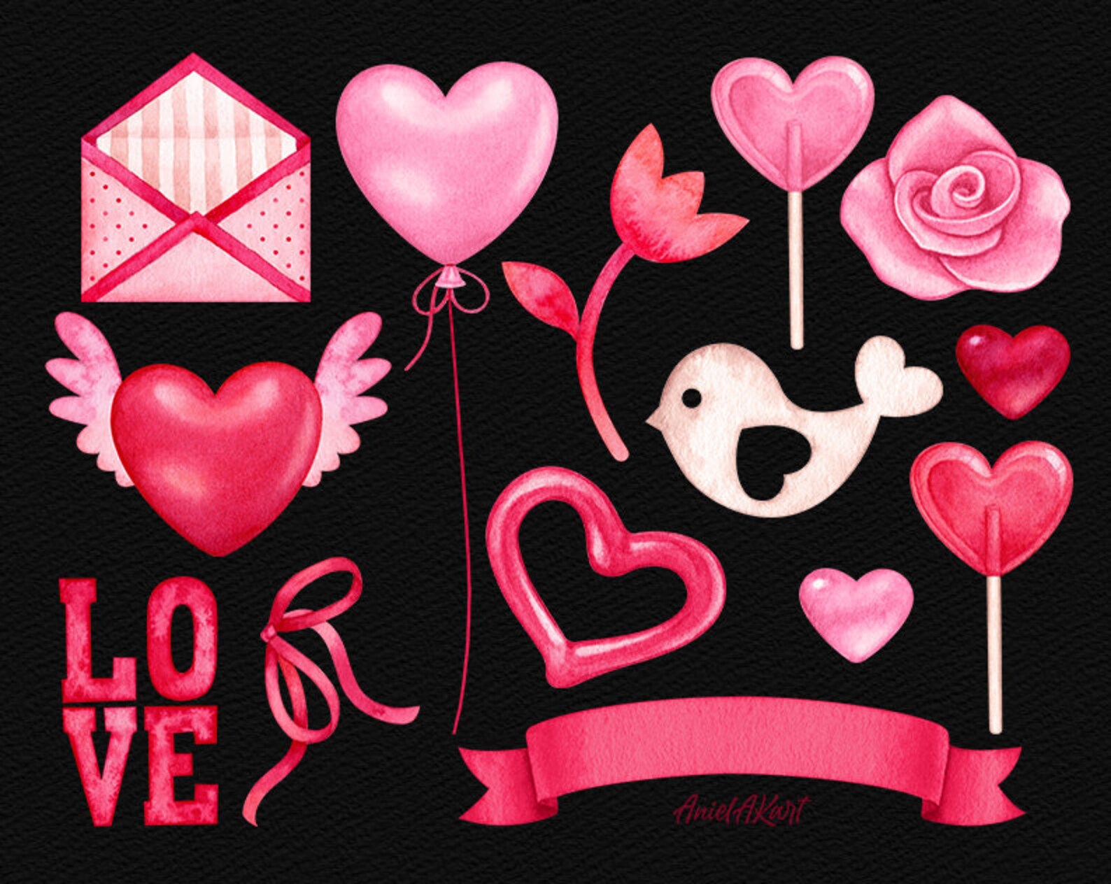 Watercolor Valentine's Day Clipart Valentine PNG Red Love | Etsy