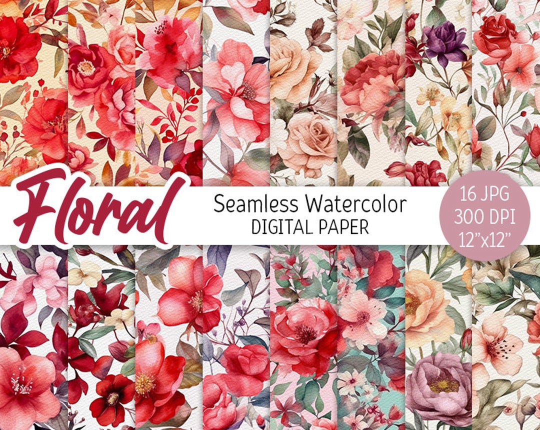 Watercolor Floral Digital Paper Pack Flower Seamless Pattern Printable ...