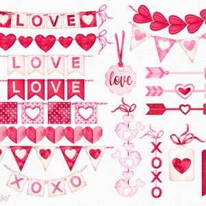 Watercolor Valentine's Day Clipart Handpainted Romantic Bunting Tag PNG ...