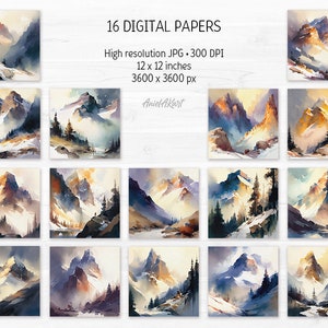 Watercolor Epic Mountains Digital Paper Pack Landscape Printable ...