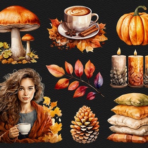 Cozy Autumn Watercolor Clipart Fall PNG Graphics Falling Leaves Girl ...