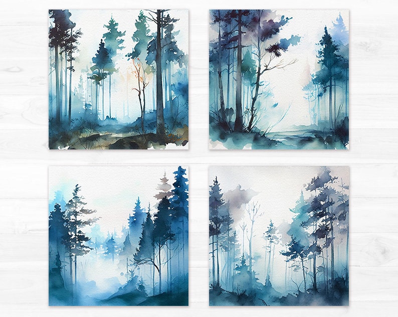 Watercolor Blue Forest Digital Paper Pack Foggy Wood Printable - Etsy