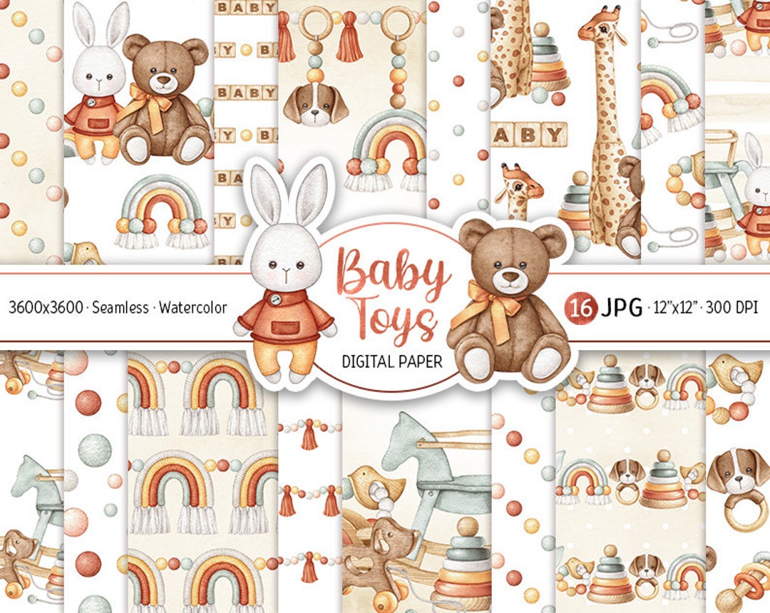 Boho Baby Digital Paper Pack Nursery Watercolor Baby Toys Seamless ...