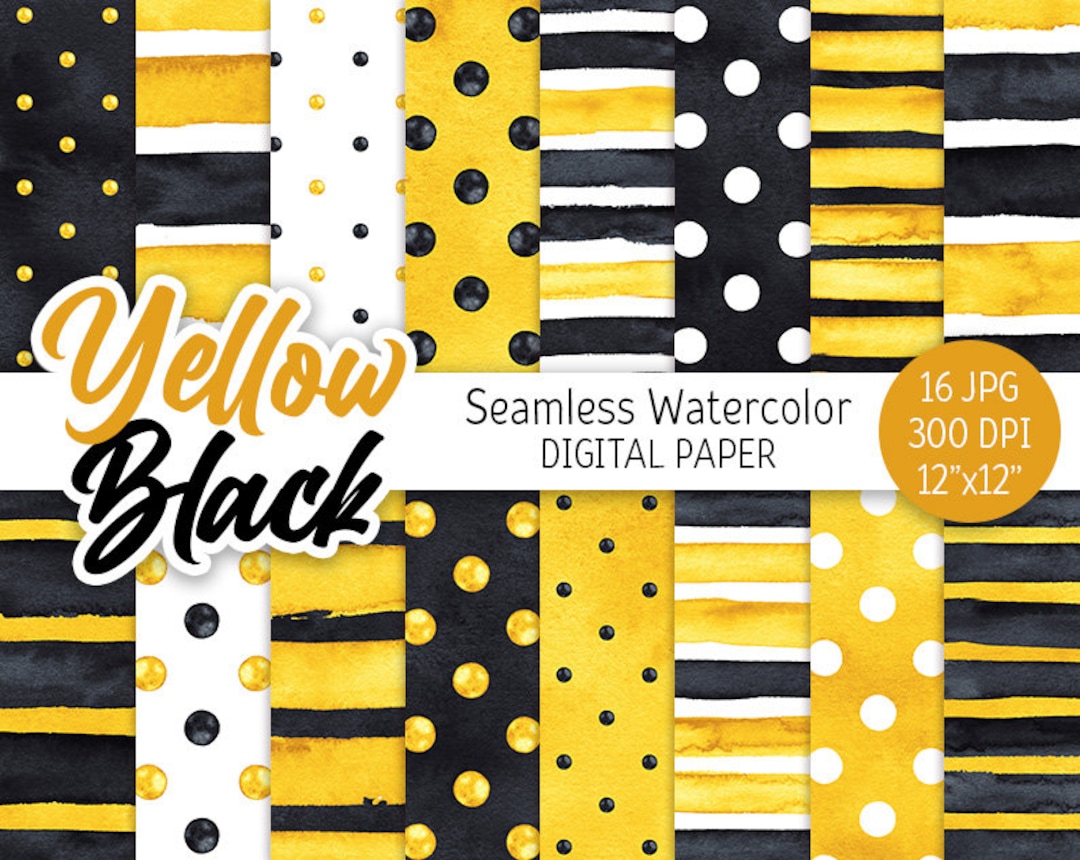 Yellow Black Digital Paper Pack Watercolor Polka Dot Seamless Pattern ...