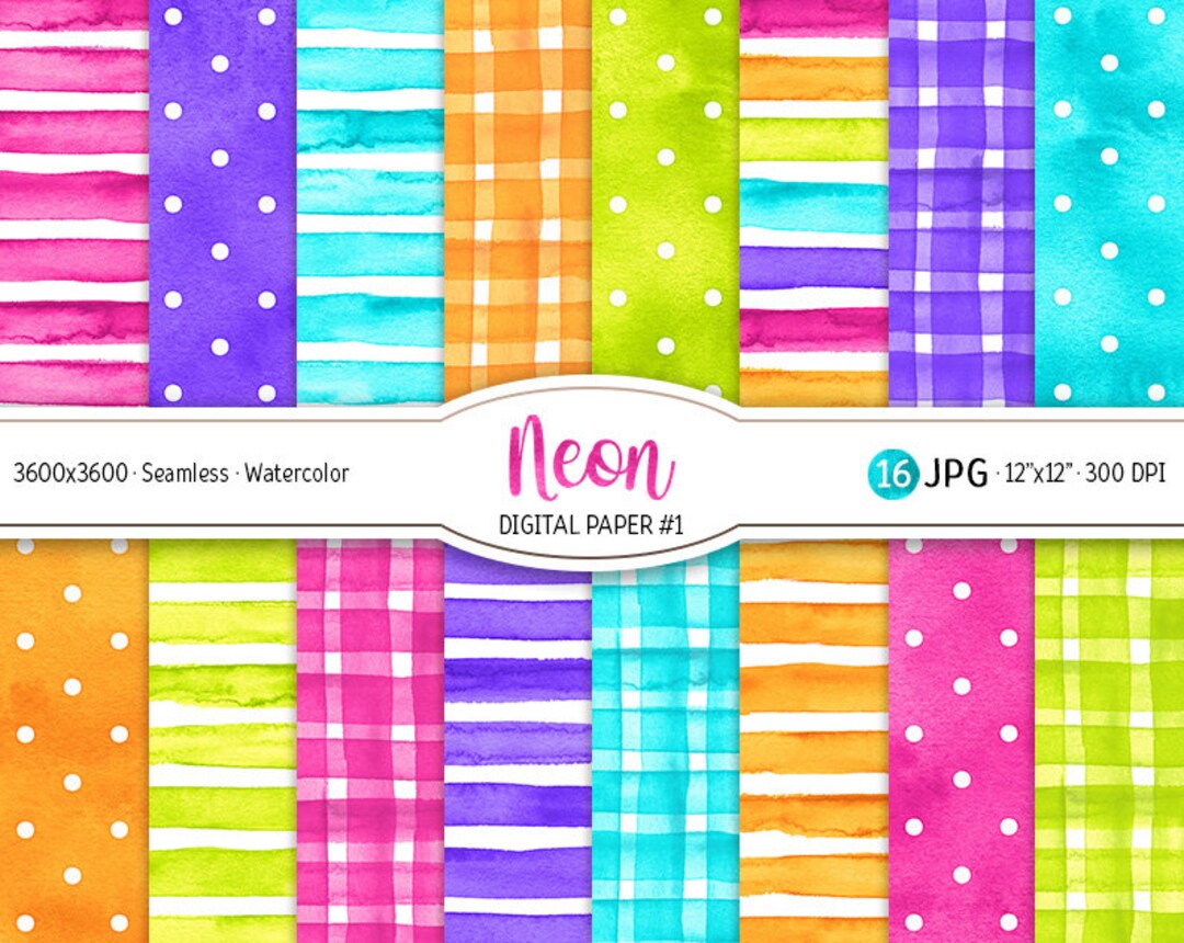 Neon Digital Paper Pack Watercolor Polka Dot Seamless Pattern Vibrant ...