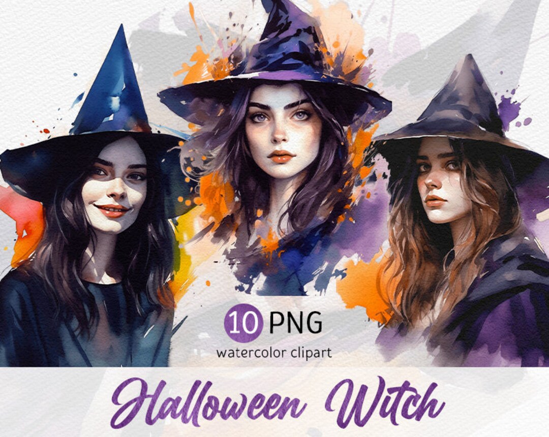 Watercolor Halloween Witch Clipart Pack Beautiful Witch PNG Women ...