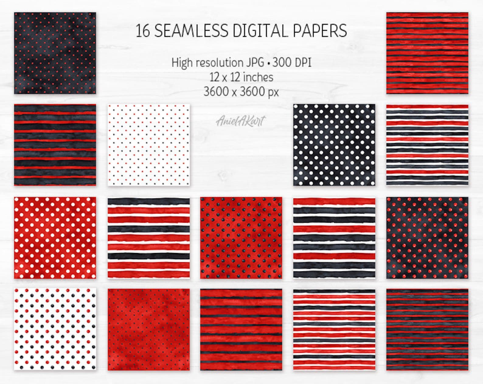 Red Black Digital Paper Pack Watercolor Polka Dot Seamless Pattern ...