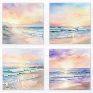 Watercolor Pastel Beach Digital Paper Pack Sunset Seascape Printable ...
