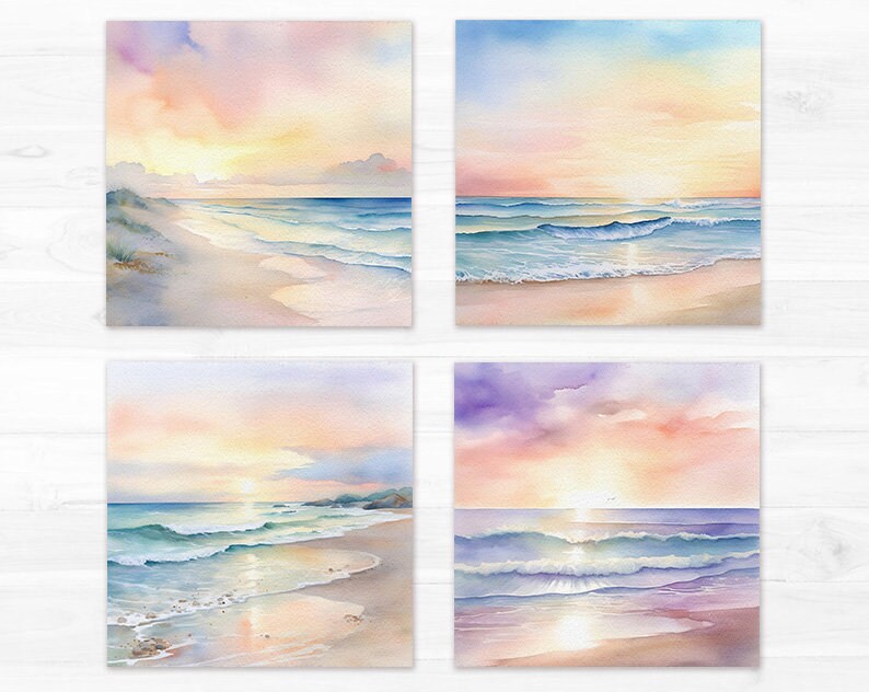 Watercolor Pastel Beach Digital Paper Pack Sunset Seascape Printable ...
