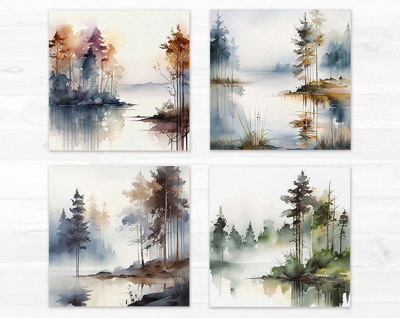 Watercolor Forest Lake Digital Paper Pack Foggy Wood Printable ...