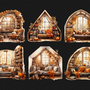 Watercolor Autumn Nook Clipart Bundle Cozy Reading Corner PNG Bookshelf ...