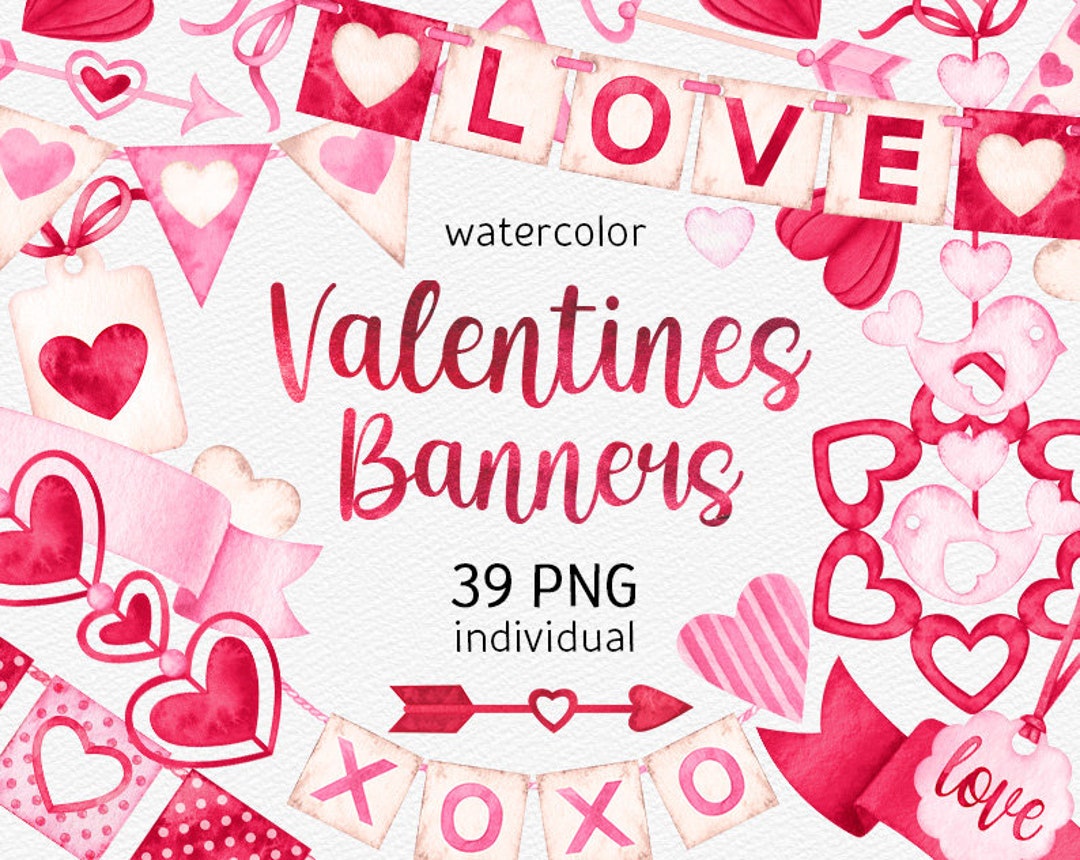 Watercolor Valentine's Day Clipart Handpainted Romantic Bunting Tag PNG ...