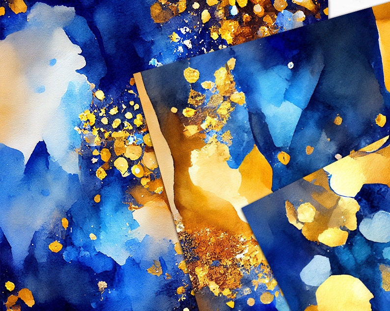 Blue and Gold Digital Paper Pack Watercolor Abstract Blue Seamless ...