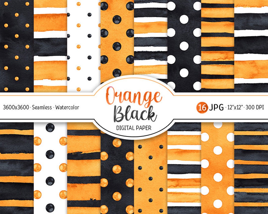 Orange Black Digital Paper Pack Watercolor Polka Dot Seamless Pattern ...