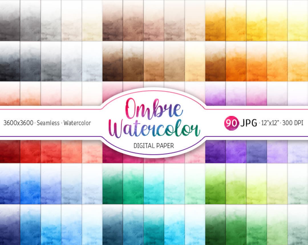 Ombre Watercolor Digital Paper Pack Bundle 90 Rainbow Colors Gradient ...