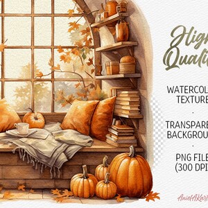 Watercolor Autumn Nook Clipart Bundle Cozy Reading Corner PNG Bookshelf ...