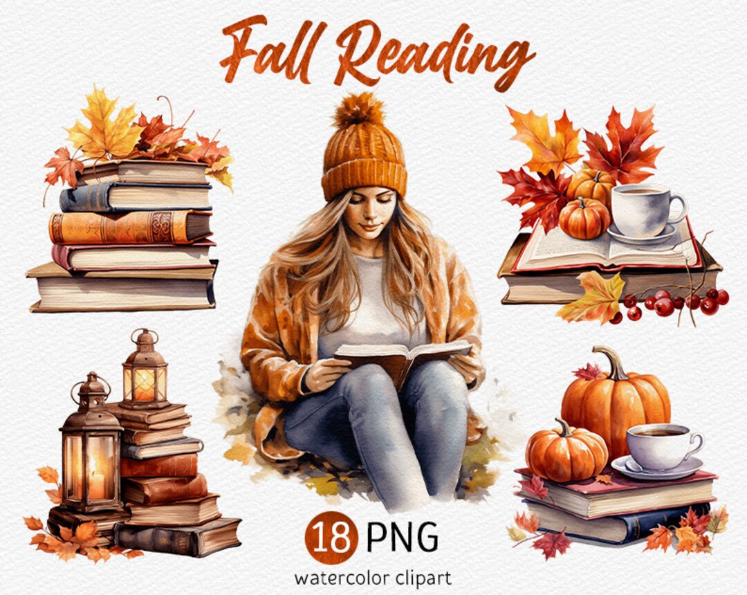 Watercolor Fall Reading Clipart Pack Watercolor Autumn Book PNG Bundle ...