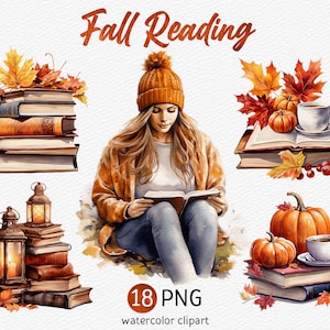 Watercolor Fall Reading Clipart Pack Watercolor Autumn Book PNG Bundle ...