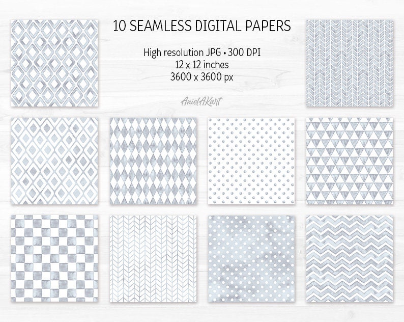 Light Grey Geometric Pattern Watercolor Digital Paper Pack Printable ...
