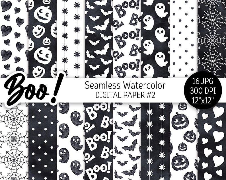 Black & White Halloween Digital Paper Pack Watercolor Seamless - Etsy