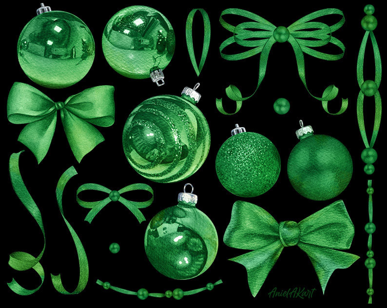 Green Christmas Clipart Watercolor Ribbon Clipart Christmas Decor Green ...