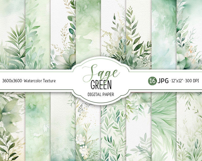Sage Green Digital Paper Pack Watercolor Pastel Wedding Scrapbook Paper ...