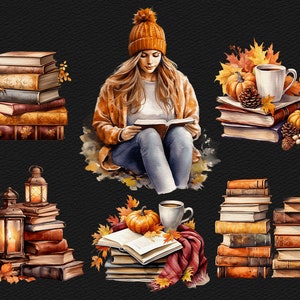 Watercolor Fall Reading Clipart Pack Watercolor Autumn Book PNG Bundle ...
