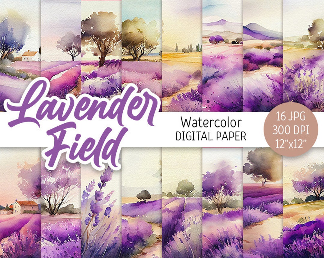 Watercolor Lavender Field Digital Paper Pack Spring Printable ...