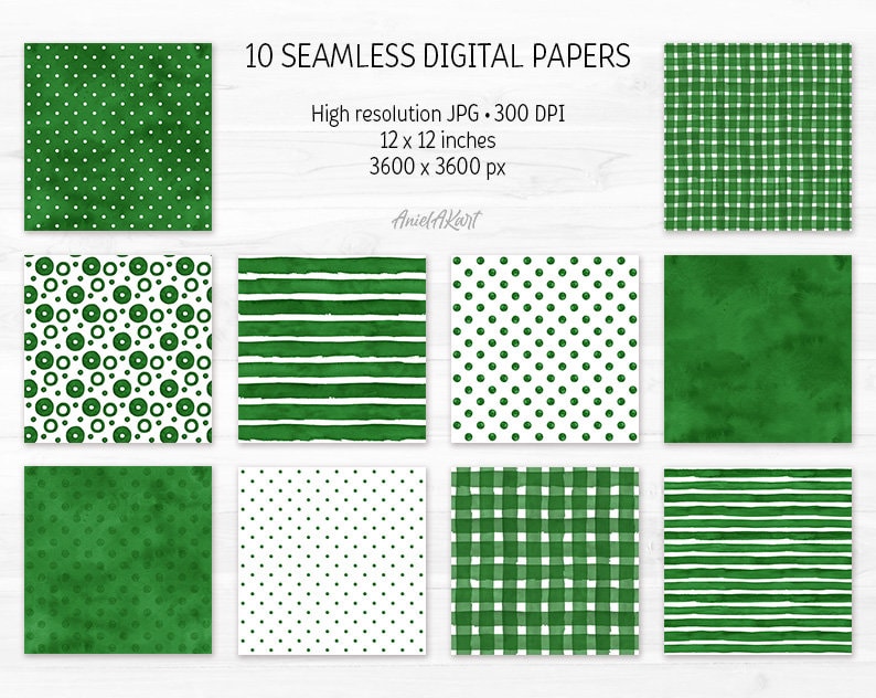 Green Seamless Pattern Watercolor Polka Dot Digital Paper Pack ...