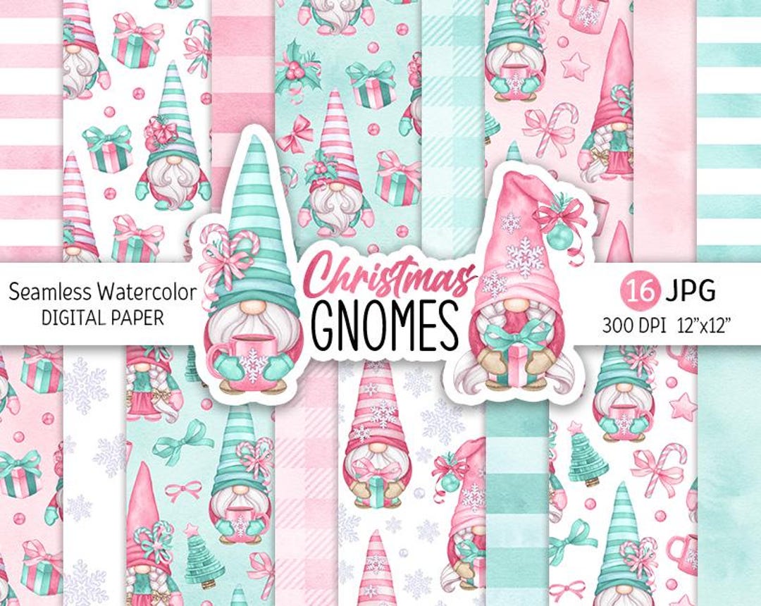 Pink Christmas Gnomes Digital Paper Pack Watercolor Gnome Seamless ...