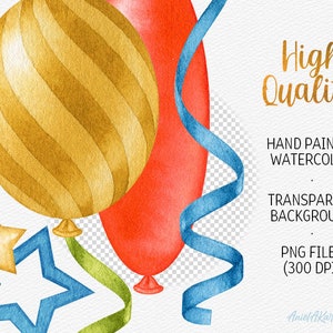 Watercolor Birthday Balloons Clipart Hand Painted Confetti Birthday ...